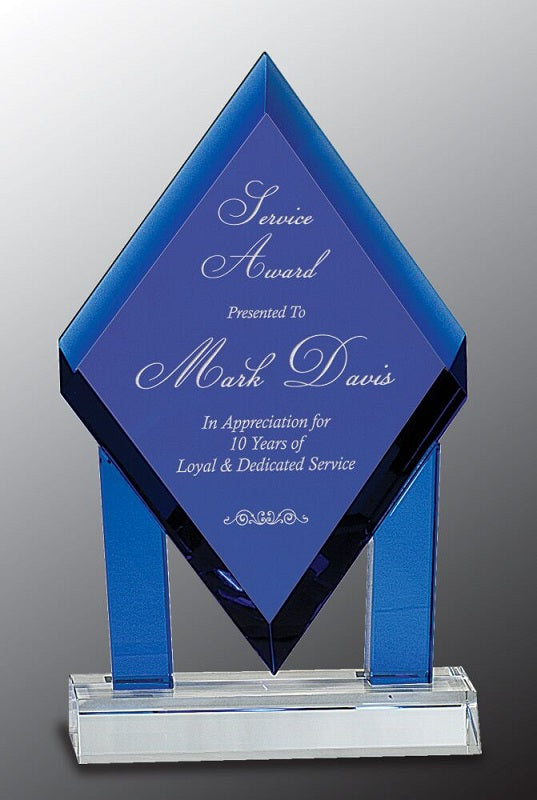 Blue Crystal Floating Diamond with Blue Columns on Clear Base – BJs Trophy