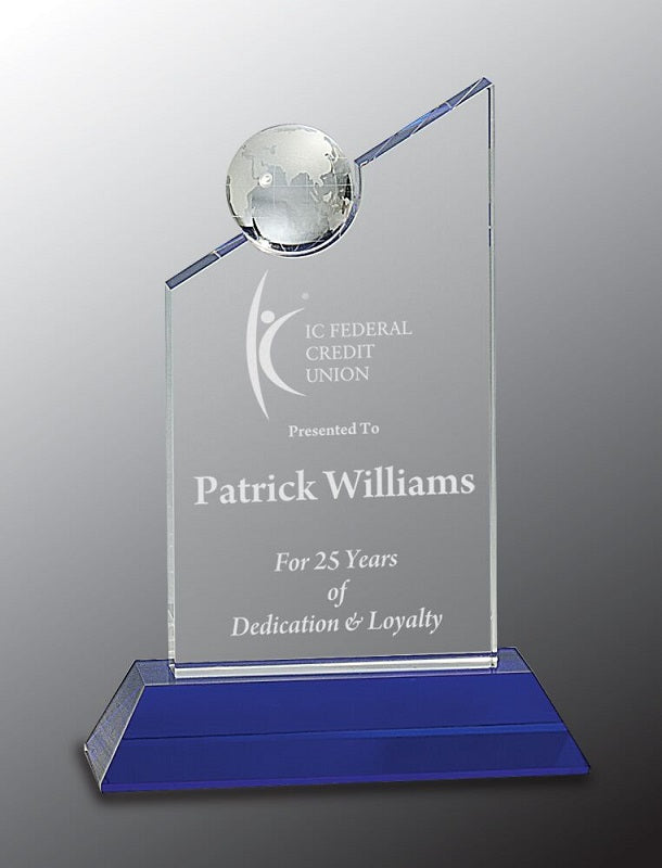 Clear Crystal with Inset Crystal Globe and Blue Base – BJs Trophy