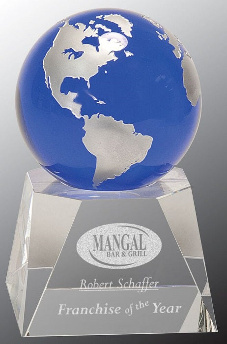 Blue Crystal Globe on Clear Crystal Base – BJs Trophy