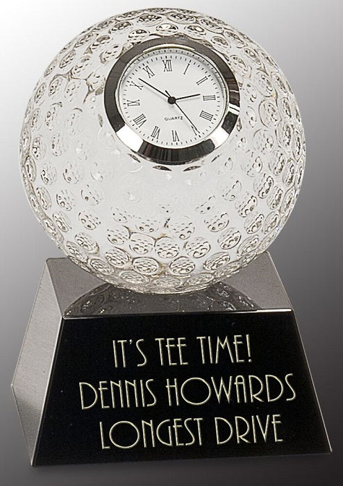 Clear Crystal Golf Ball Clock with Black Pedestal Base – BJs Trophy