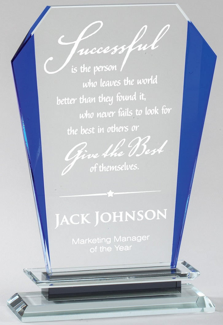 Blue Side Crystal Award on Clear Base – BJs Trophy