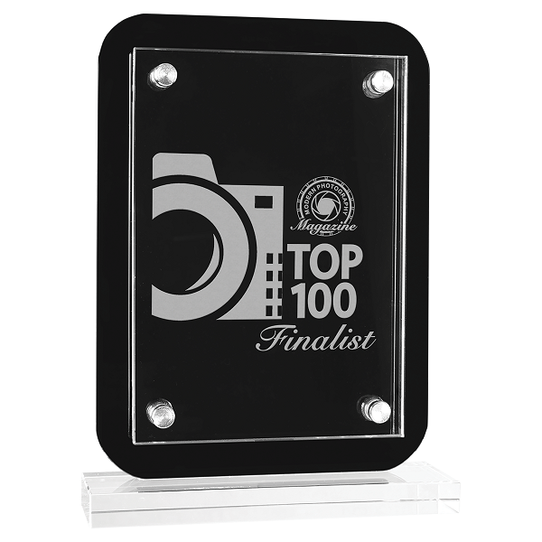 Black Floating Glass Stand Up Plaque – BJs Trophy